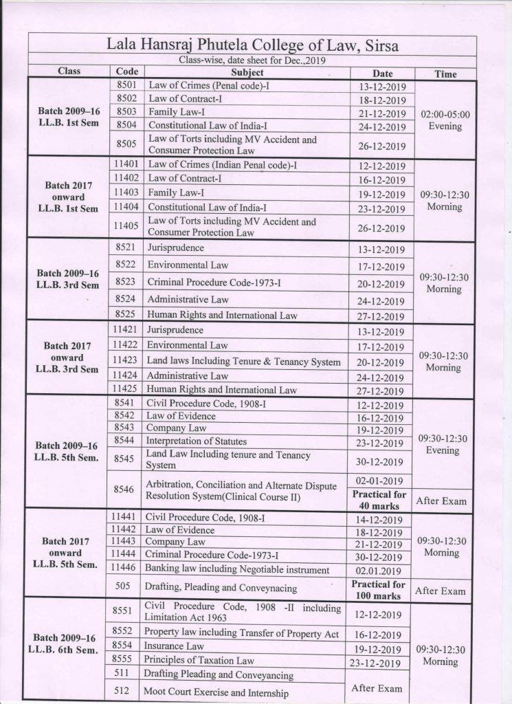 Examination Date Sheet December, 2019 - Lala Hansraj Phutela College of ...